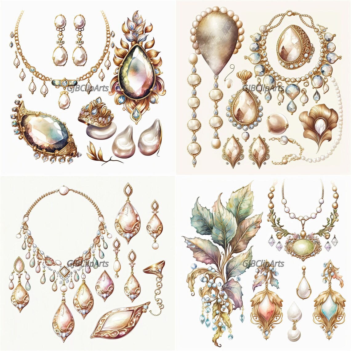 Golden Jewelry Collection Clipart: Watercolor Gemstones and Accessories ...