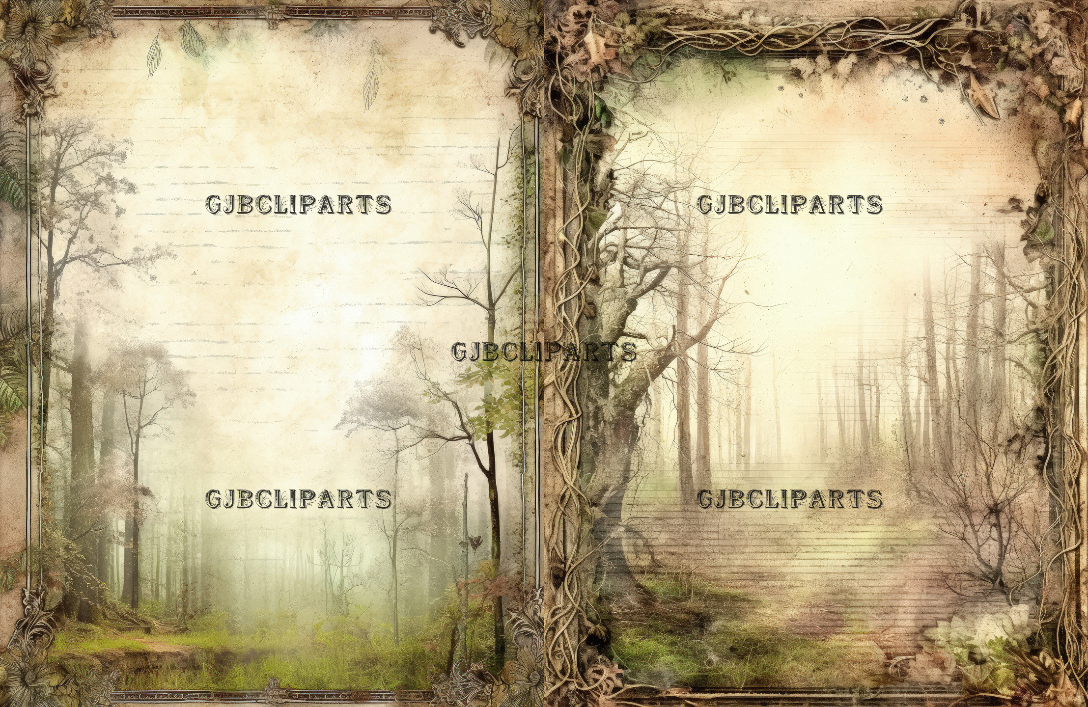 Shabby Forest Lined Page Clipart, Empty Journal Page Clipart ...