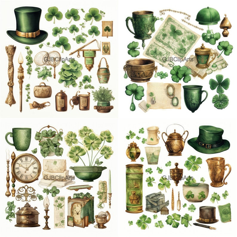 Vintage St. Patrick's Day Junk Journal Kit Clipart, Pot of Gold Clipart ...
