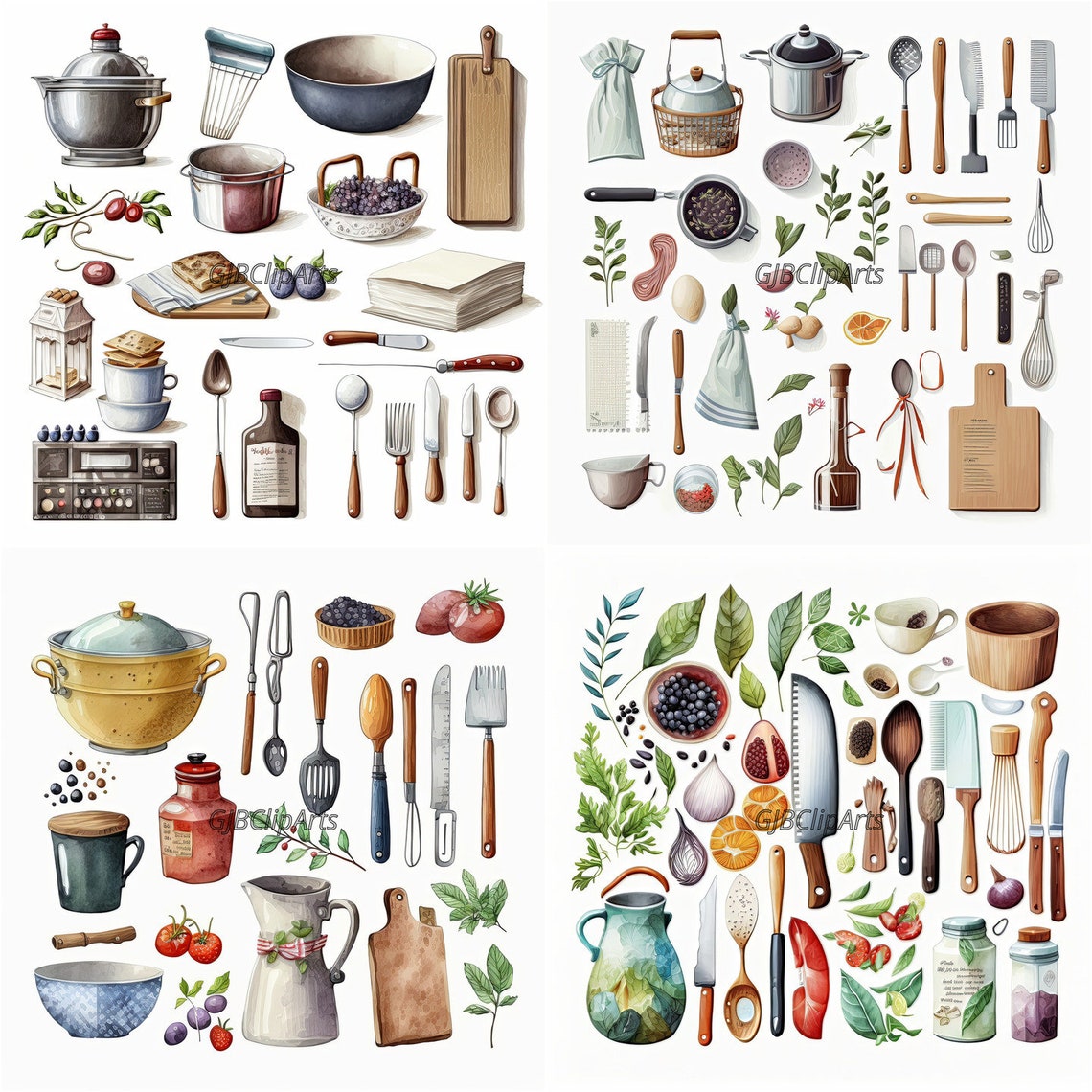 Charming Kitchen Tools Collection Clipart: Watercolor Utensils and ...