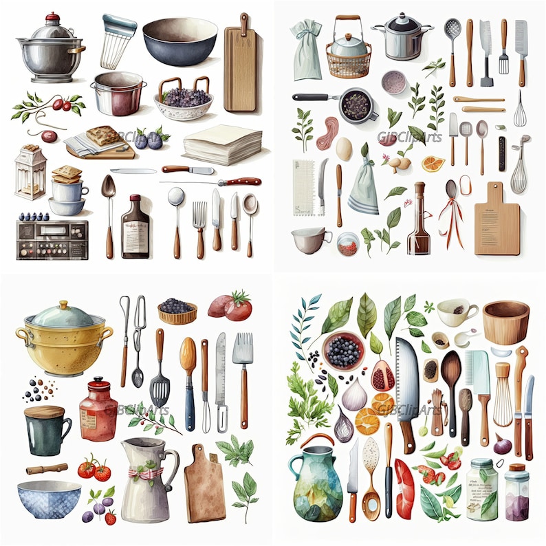 Charming Kitchen Tools Collection Clipart: Watercolor Utensils and ...