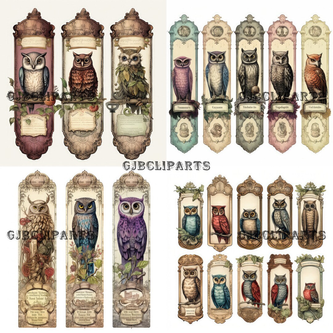 Whimsical Owls Clipart Tall Ornate Labels Clipart, Junk Journal Book ...