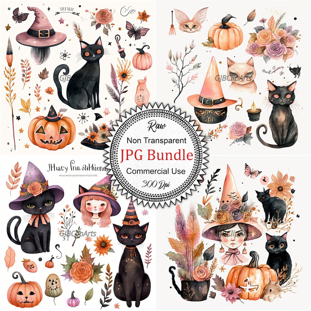 Whimsical Halloween Watercolor Clip Art Collection: Pink, Orange, Black ...
