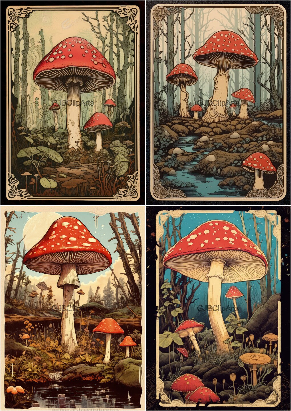 Mushroom Tarot Card Clipart, Liquid Paint Clipart, Exotic Woodblock ...