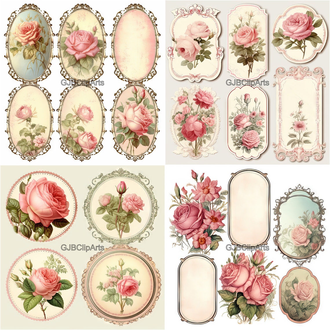 Vintage Labels With Pink Roses and Delicate Vines Digital Clipart ...