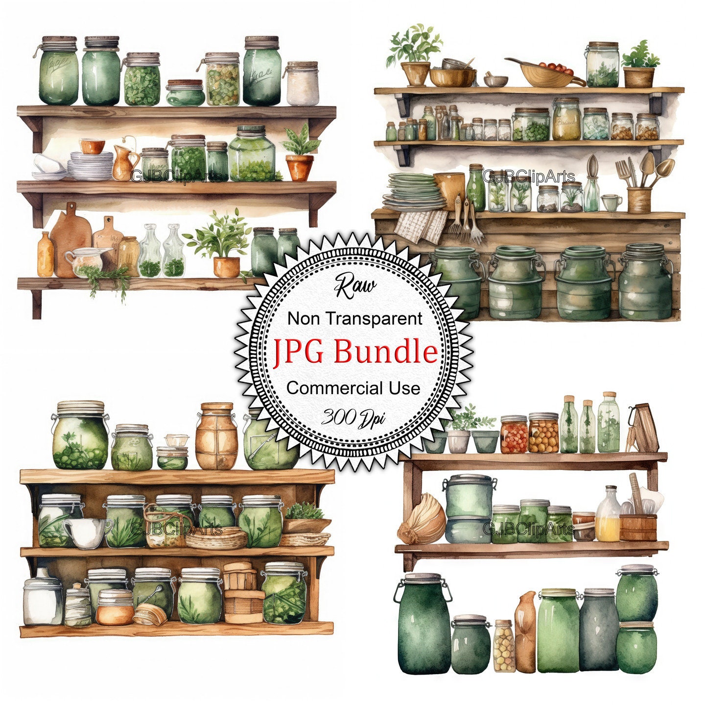 Green Watercolor Cottagecore Kitchen Clipart, Magical Countryside ...