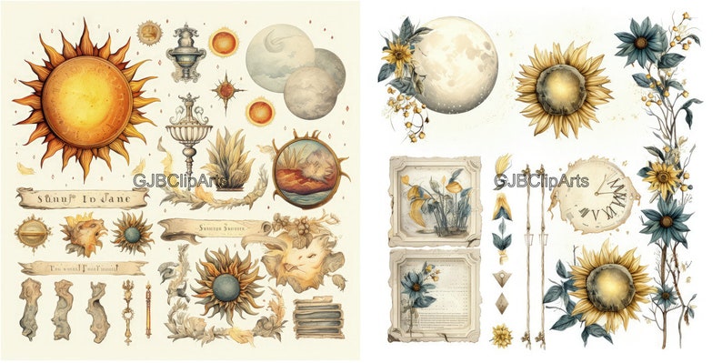 Vintage Sun and Moon Junk Journal Kit Clipart, Sun Clipart Moon Clipart ...