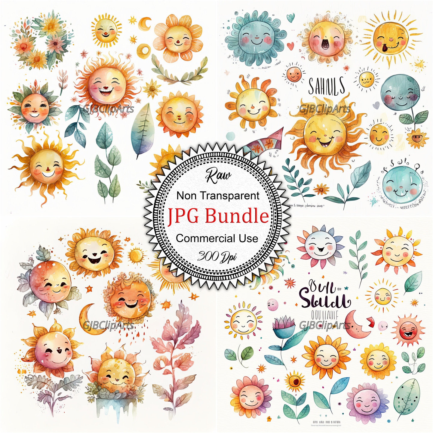 Whimsical Watercolor Sun Collection With Margins, Celestial Designs for ...