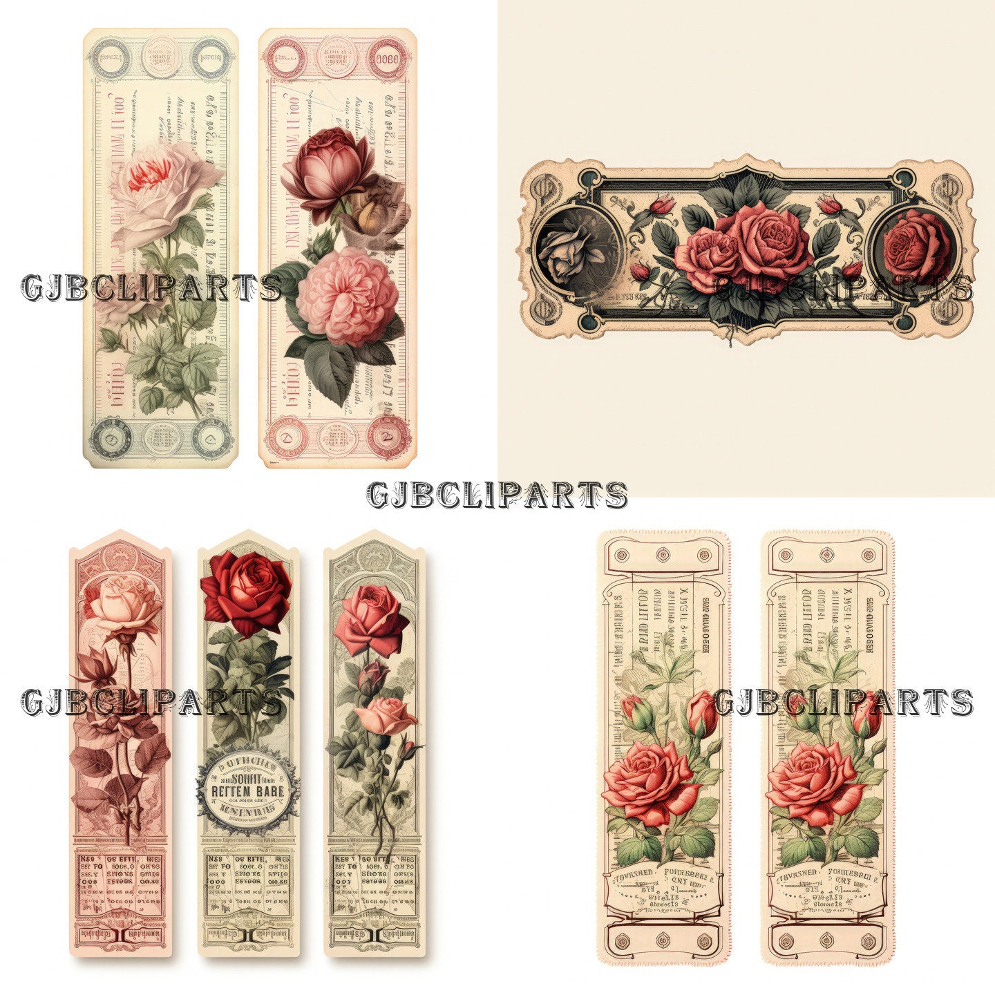 Gothic Roses Ornamental Vintage Ticket, Page of Evenly Spaced Clipart ...