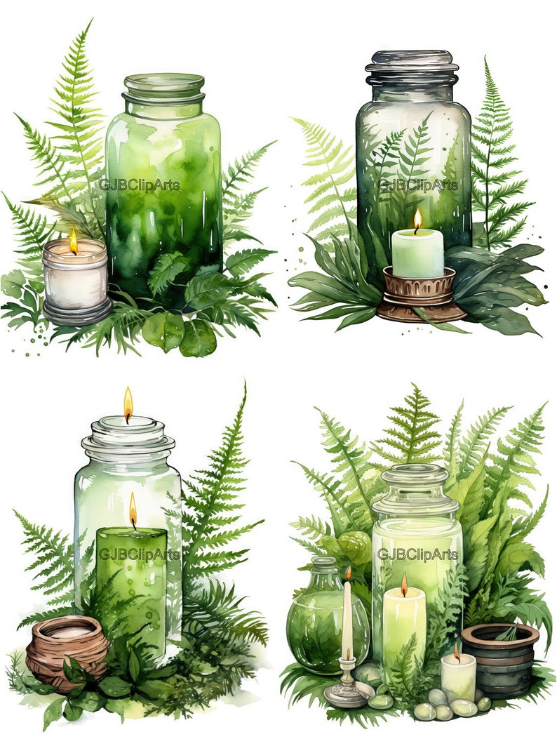 Green Jar Candle Clipart, Ferns and Potion Bottles Surroundings Clipart ...
