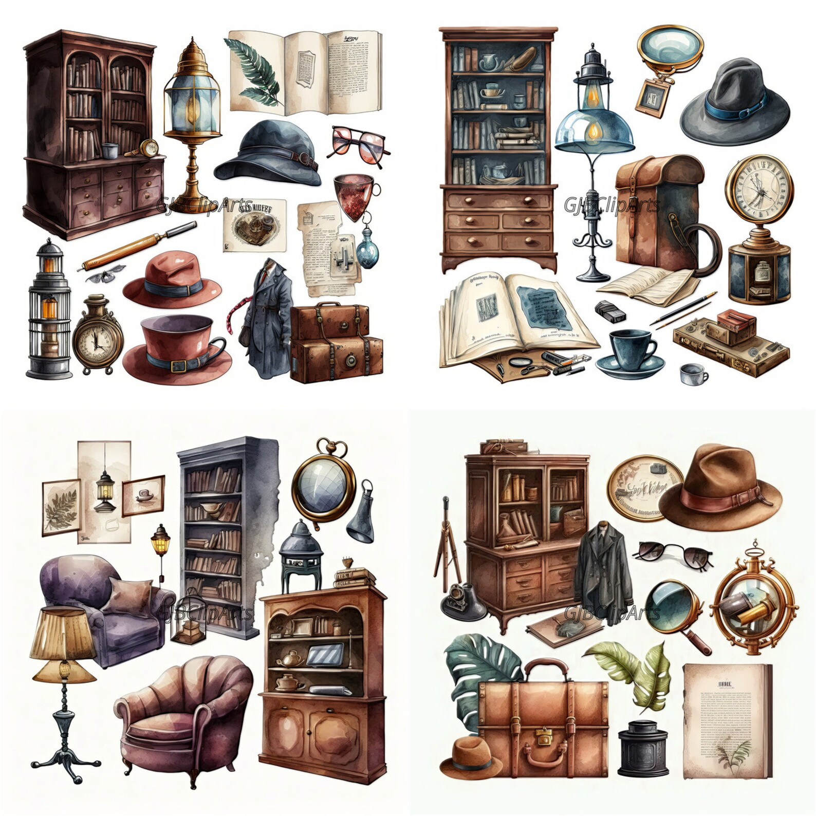 Mysterious Detective Inventory Collection Clipart: Watercolor Crime ...