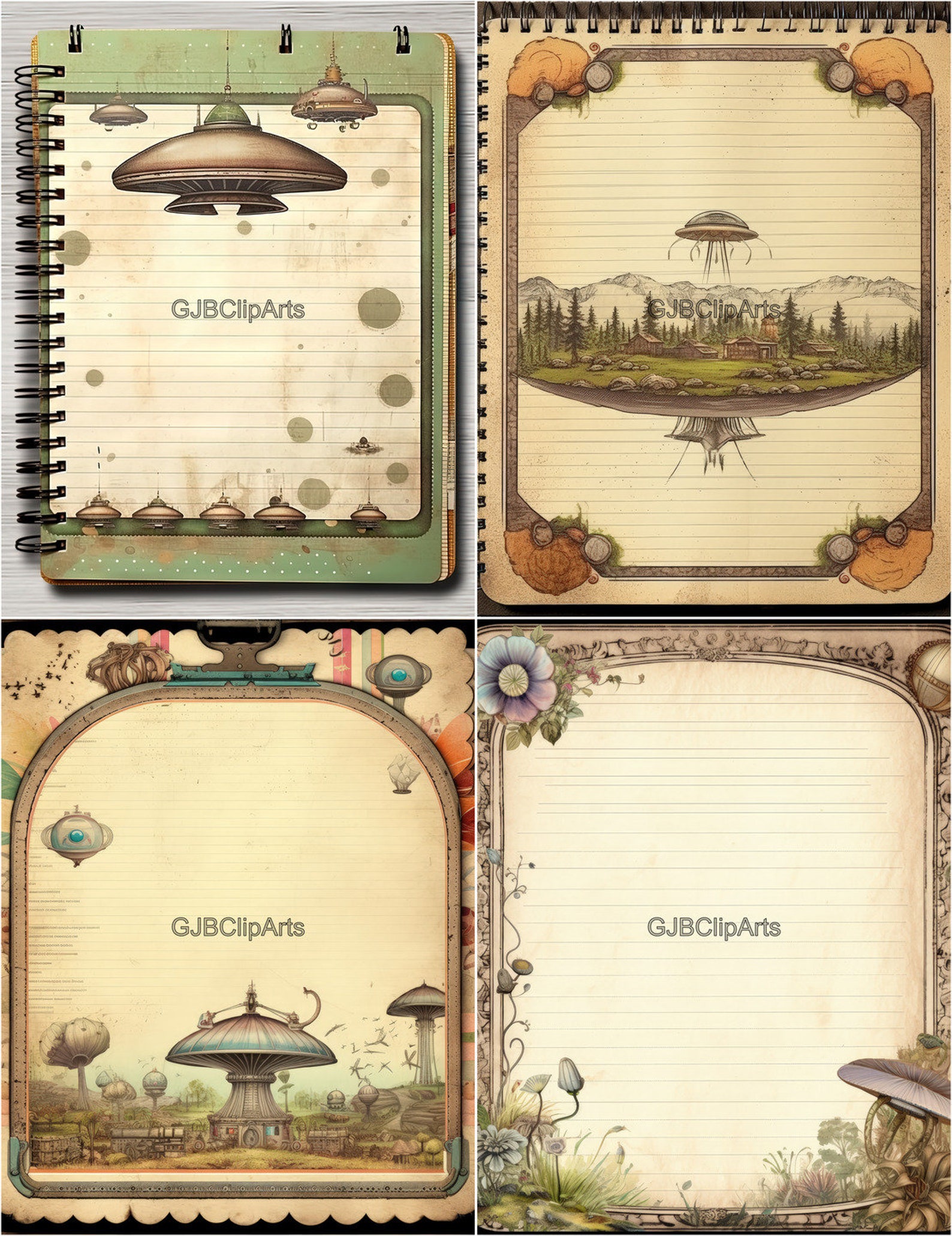 UFO Lined Page Clipart Alien Clipart Spaceship Clipart, Junk Journal ...