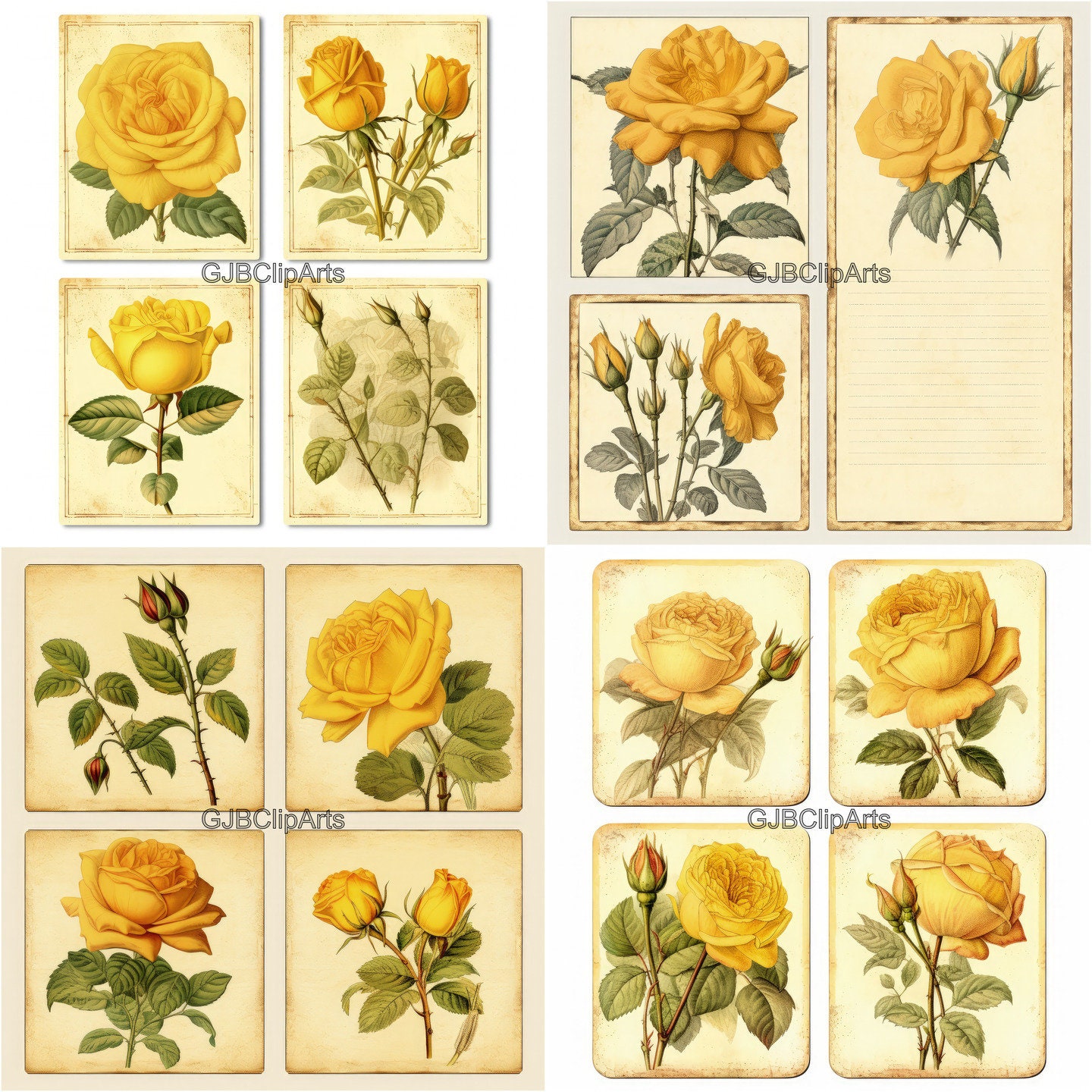 Yellow Rose Card Page Clipart, Vintage Clipart, Junk Journal for Sale ...