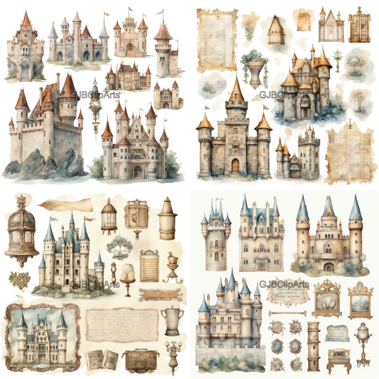 Vintage Castles Junk Journal Kit Clipart ,castle Tower Clipart ...