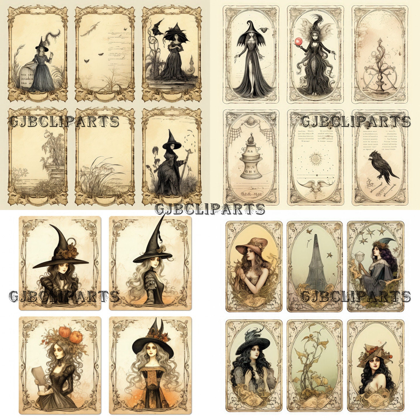 Witches Ornamental Card Clipart, Vintage Card Clipart, Journaling Women ...