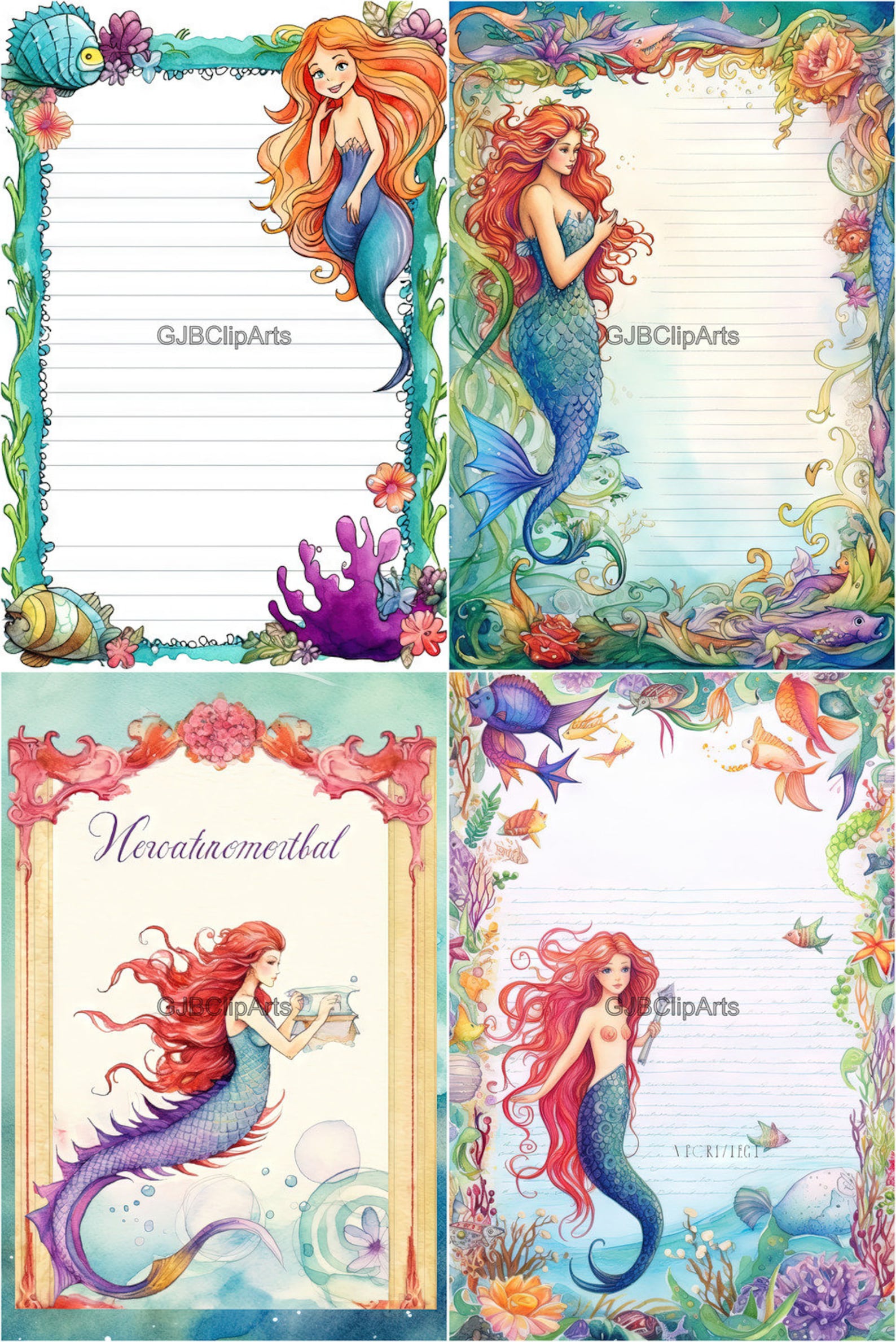 Mermaid Themed Writing Paper Watercolor Clipart, Scrapbooker Gift ...