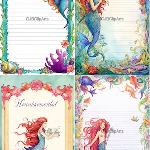 Mermaid Themed Writing Paper Watercolor Clipart, Scrapbooker Gift ...
