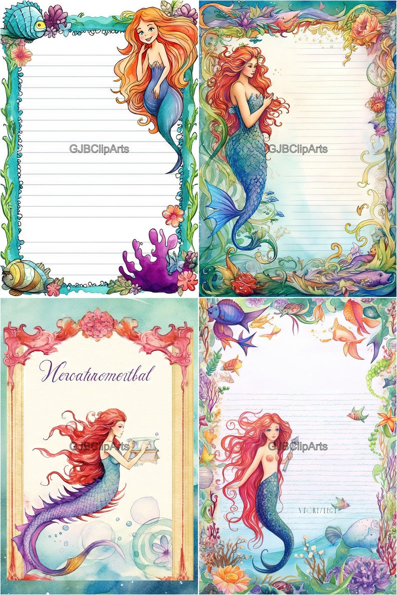 Mermaid Themed Writing Paper Watercolor Clipart, Scrapbooker Gift ...