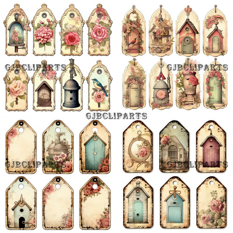 Bird House Ornamental Tag Clipart,vintage Flower Tags Clipart ...