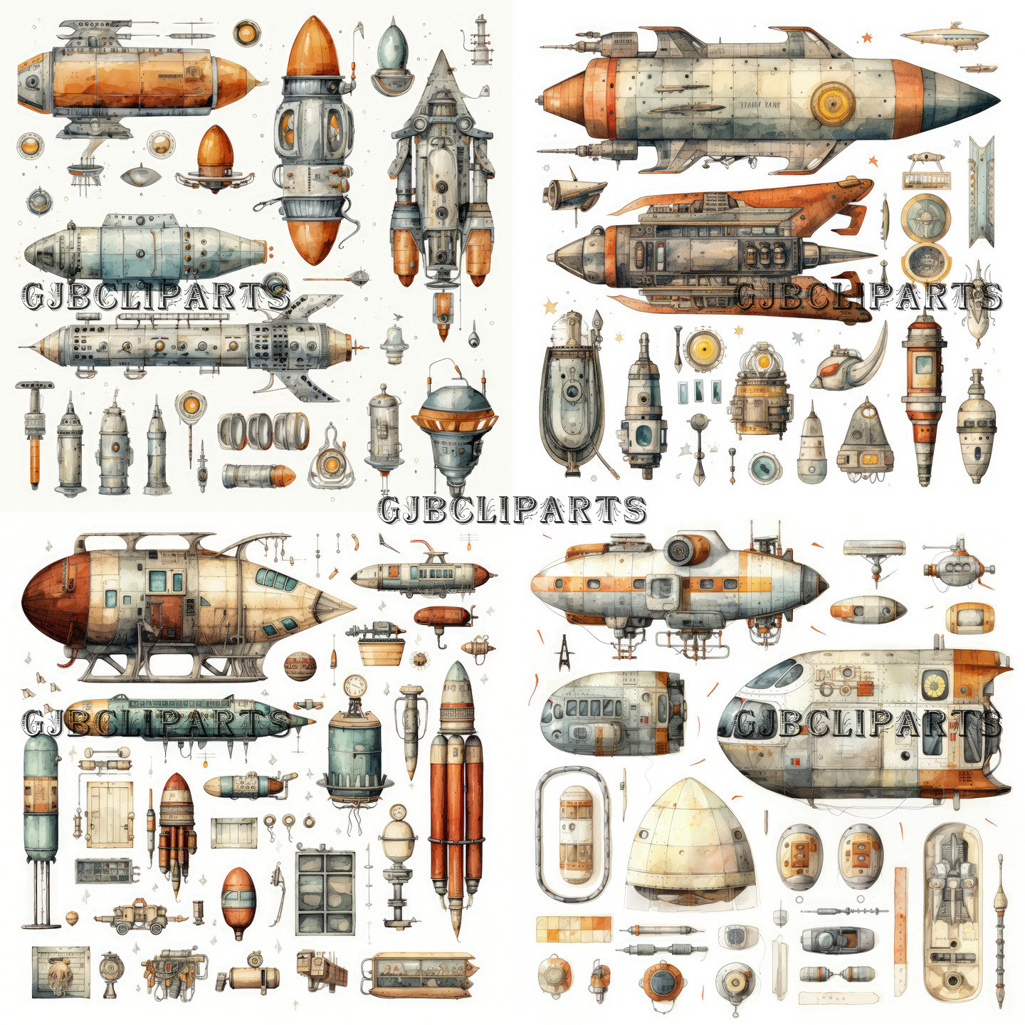 Vintage Spaceship Junk Journal Kit, Collection on White Background ...