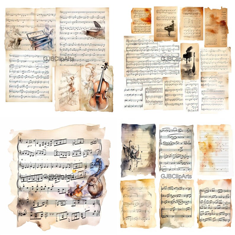 Vintage Antique Sheet Music and Notes Collection, Digital Clipart ...