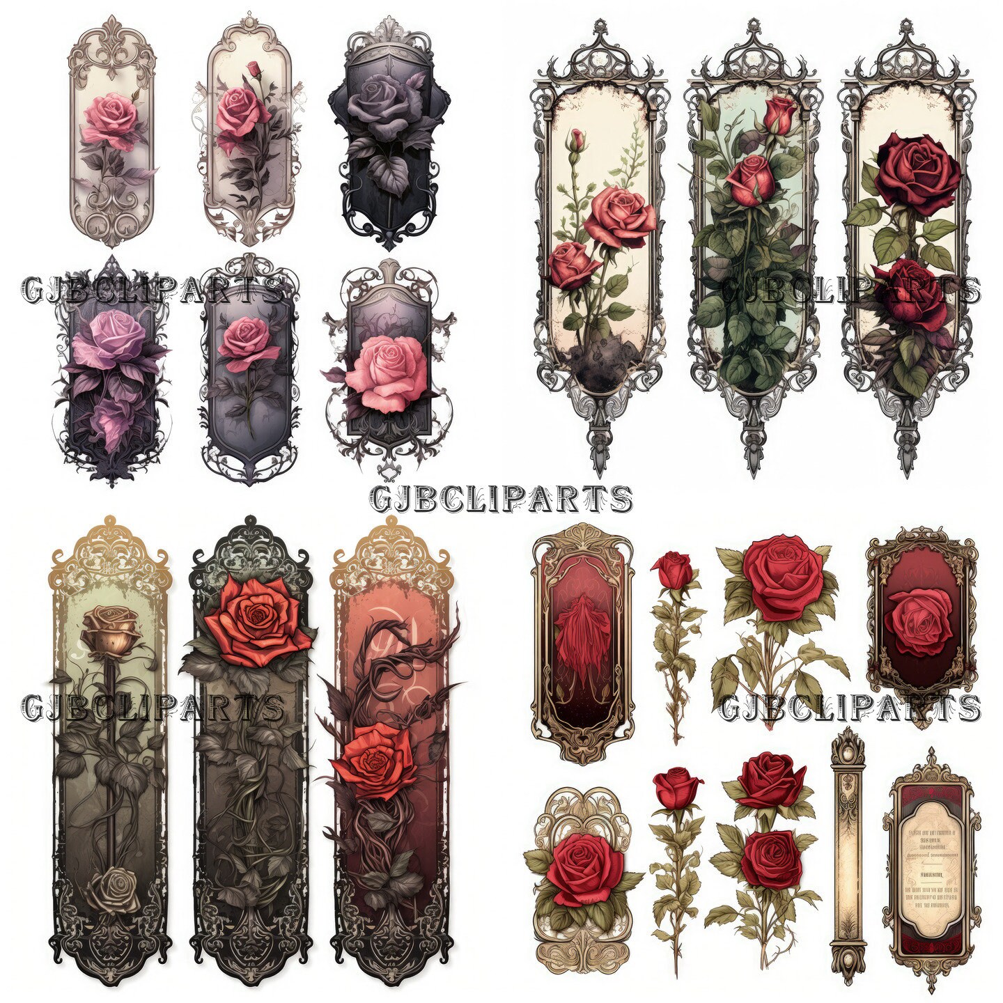 Gothic Roses Tall Ornate Labels, Junk Journal Book Vintage Clipart ...