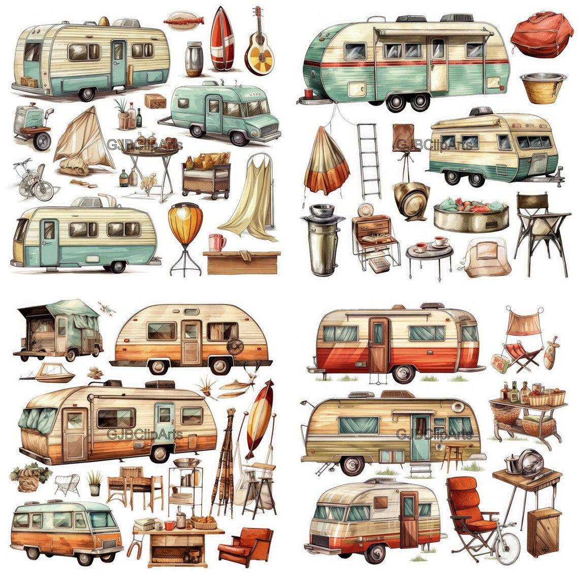 Vintage Retro Camping Camper Van Clipart, Camper Van Clipart, Camping ...
