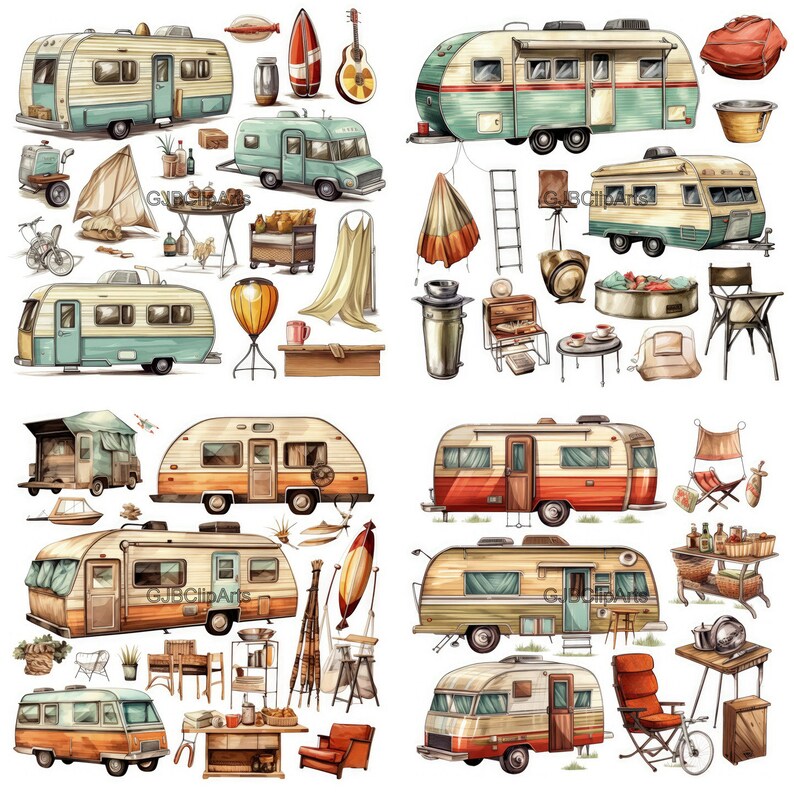 Vintage Retro Camping Camper Van Clipart, Camper Van Clipart, Camping ...