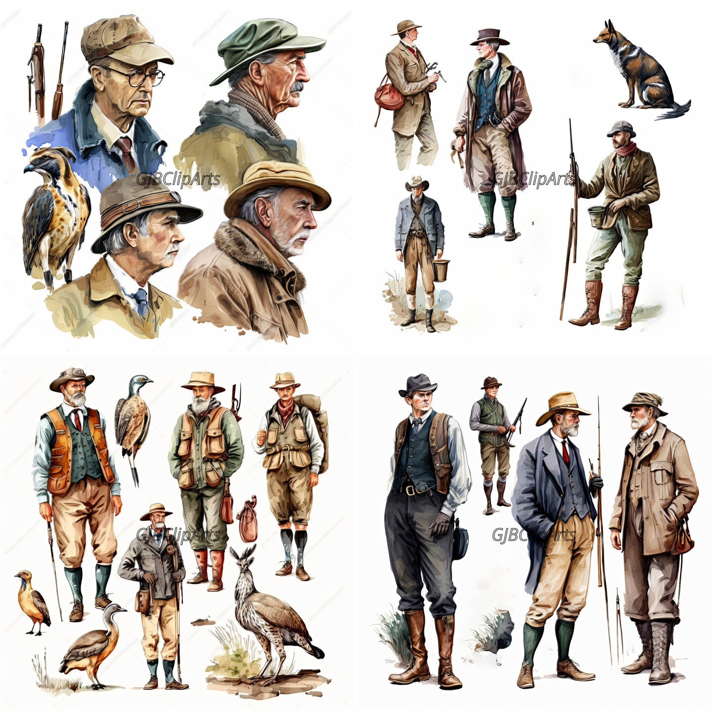 Adventurous Male Hunters Collection Clipart: Watercolor Hunting Scenes ...
