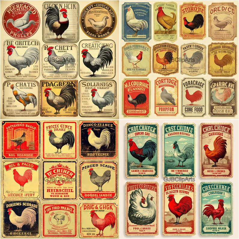Vintage Chicken Labels Clipart ,artwork Collection,digital Clipart ...
