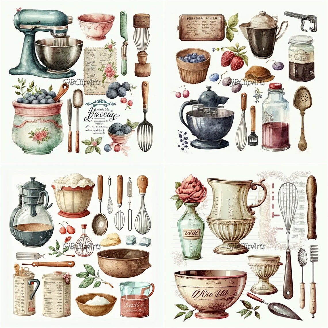 Charming Kitchen Tools Collection Clipart: Watercolor Utensils and ...