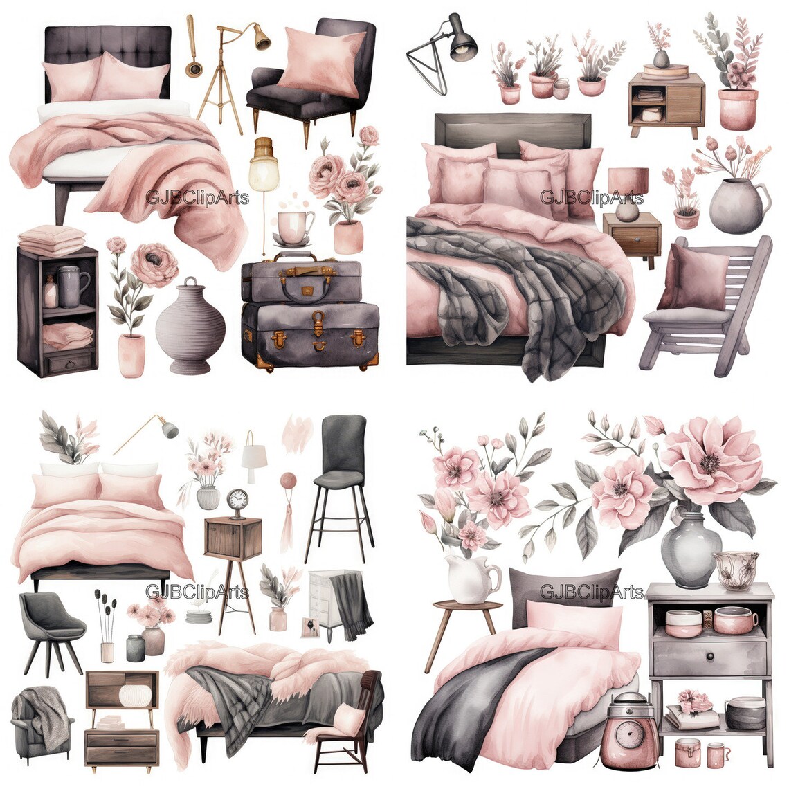 Girls Bedroom in Dusty Rose and Charcoal Grey Clipart, Bedroom Decor ...