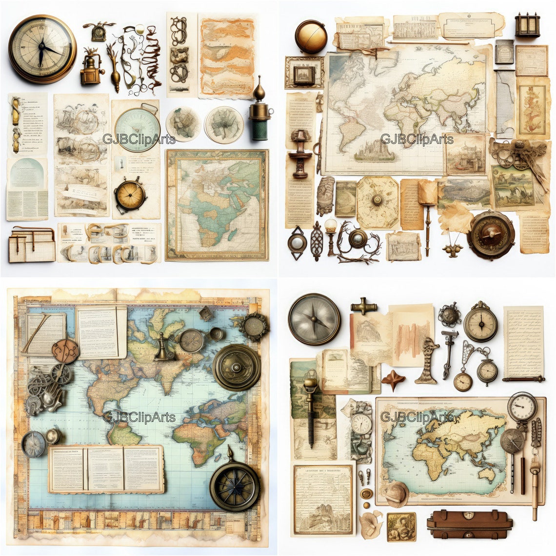 Vintage Maps Junk Journal Kit Clipart ,map Clipart Compass Clipart ...