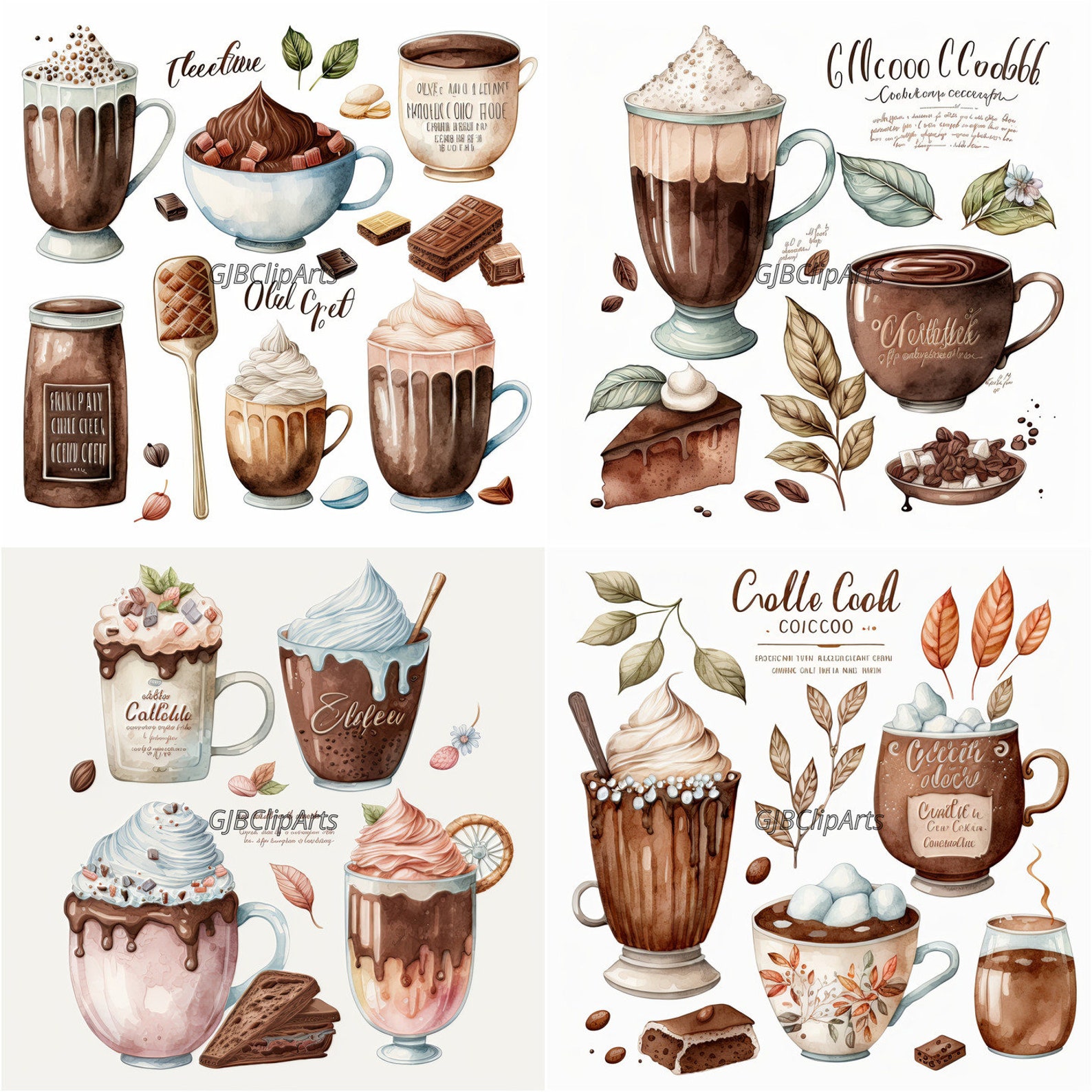 Warm and Cozy Hot Cocoa Collection Clipart: Watercolor Winter Beverages ...