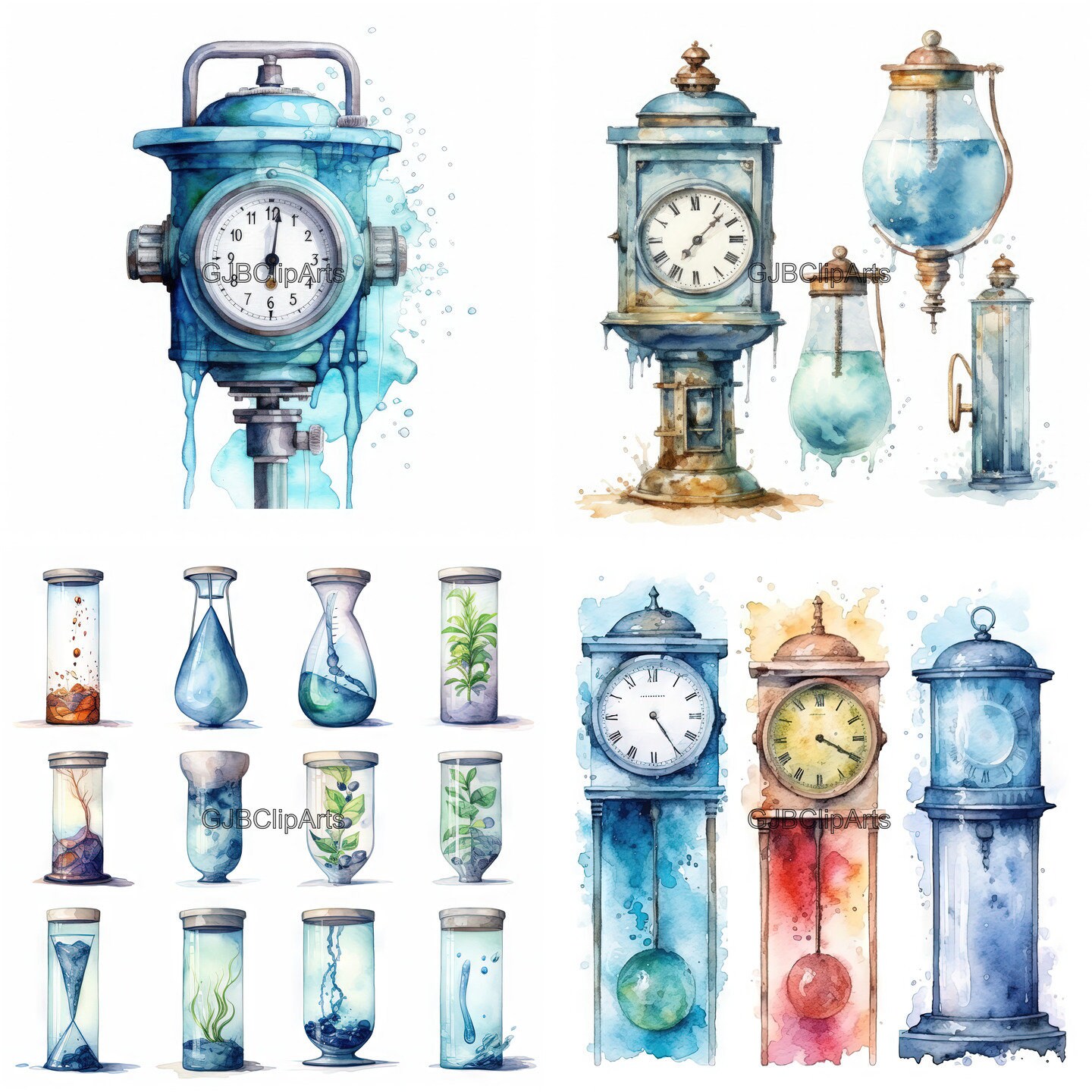 Water Clock Watercolor Clipart, Clock Clipart, Water Clipart, Scrapbook ...