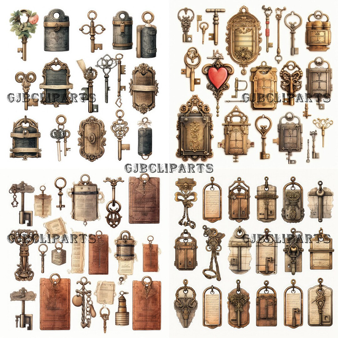 Locks and Keys Tall Ornate Labels, Junk Journal Book Vintage Clipart ...