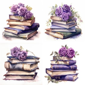 Watercolor Vintage Books With Purple Roses Clipart, Scrapbooker ...
