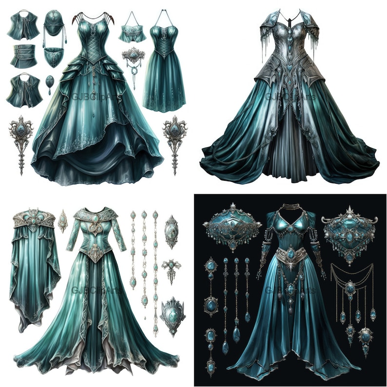 Teal and Silver Gothic Princess Clothes Clipart, Victorian Dress ...