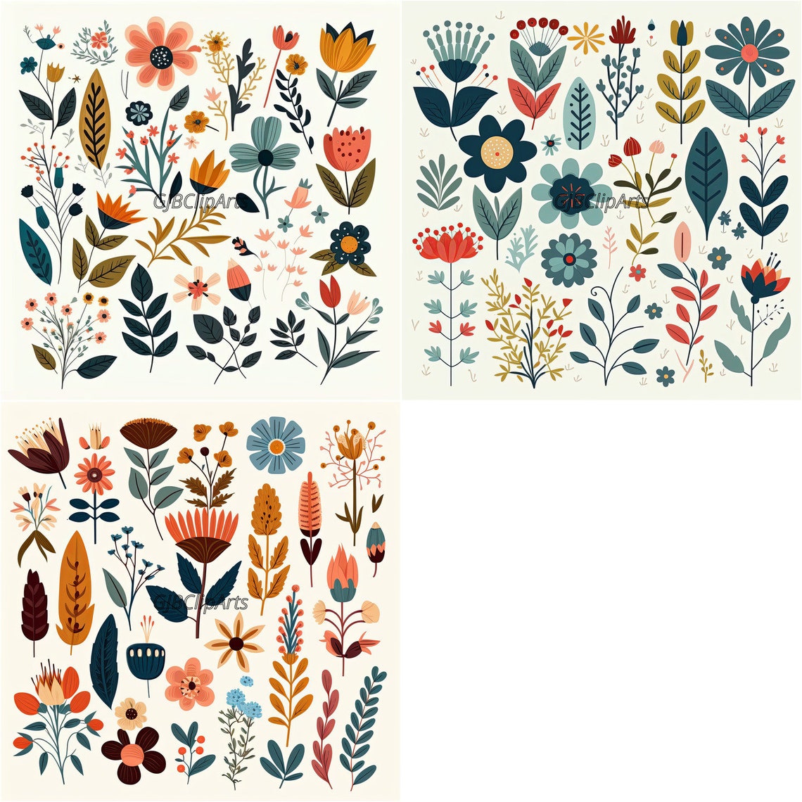 Vibrant Folk Art Flowers Collection: Vector Illustration, Flat Colors ...