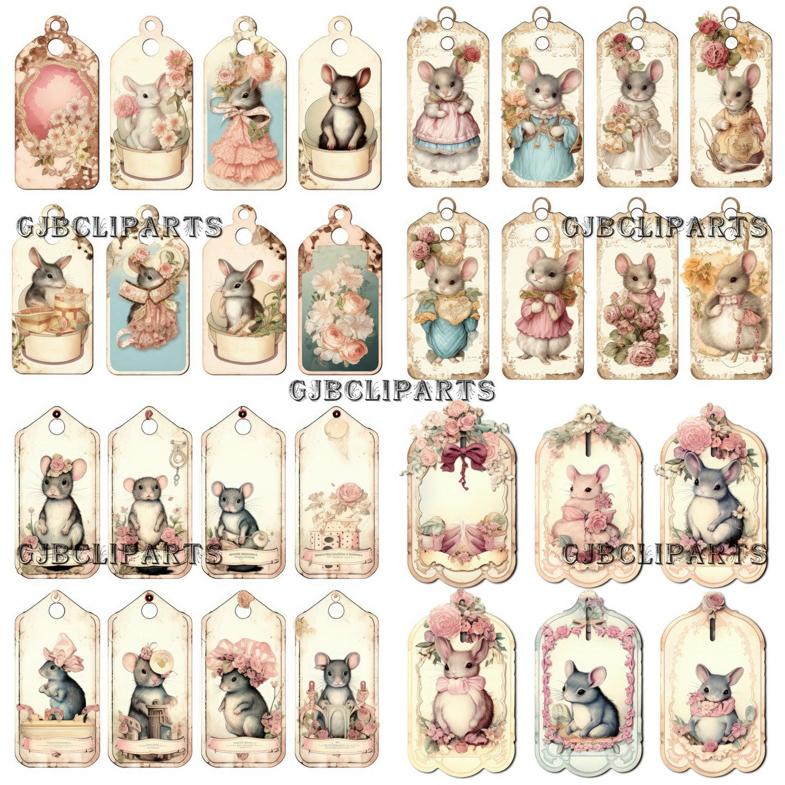 Cute Mice Ornamental Tag Clipart, Beautiful Vintage Tags With Antique ...