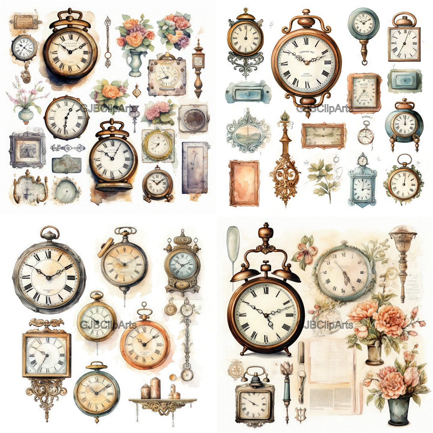 Vintage Clocks Junk Journal Kit Clipart, Antique Clock Clipart ...
