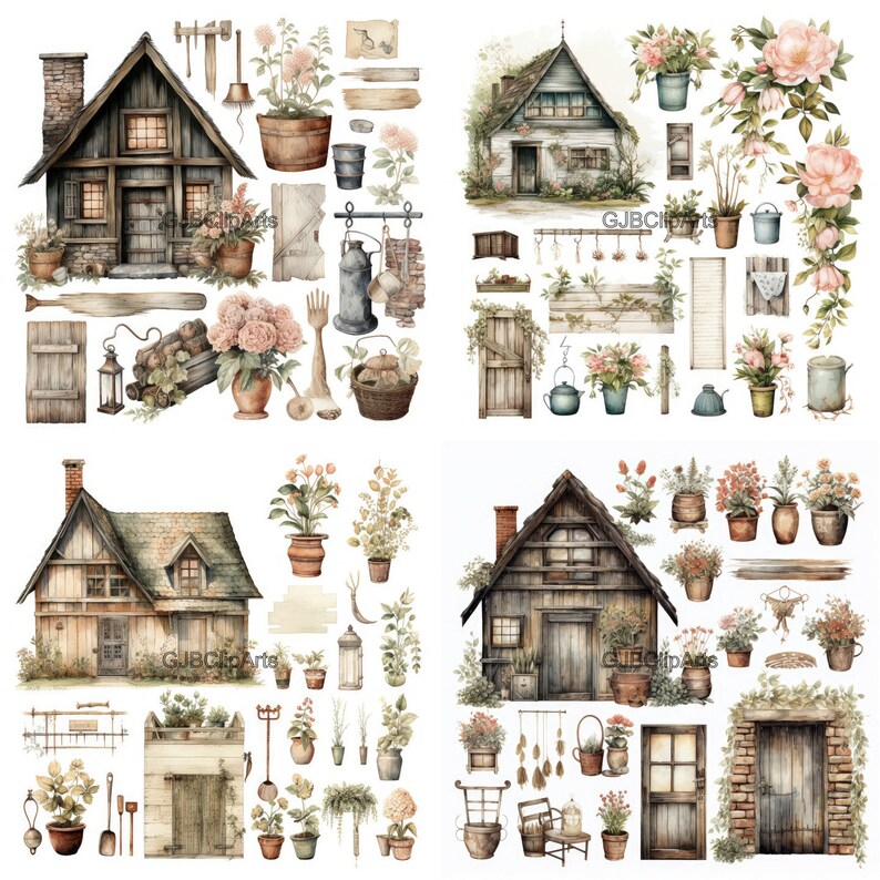 Vintage Rustic Cottage Junk Journal Kit Clipart, Cottage Clipart Flower ...