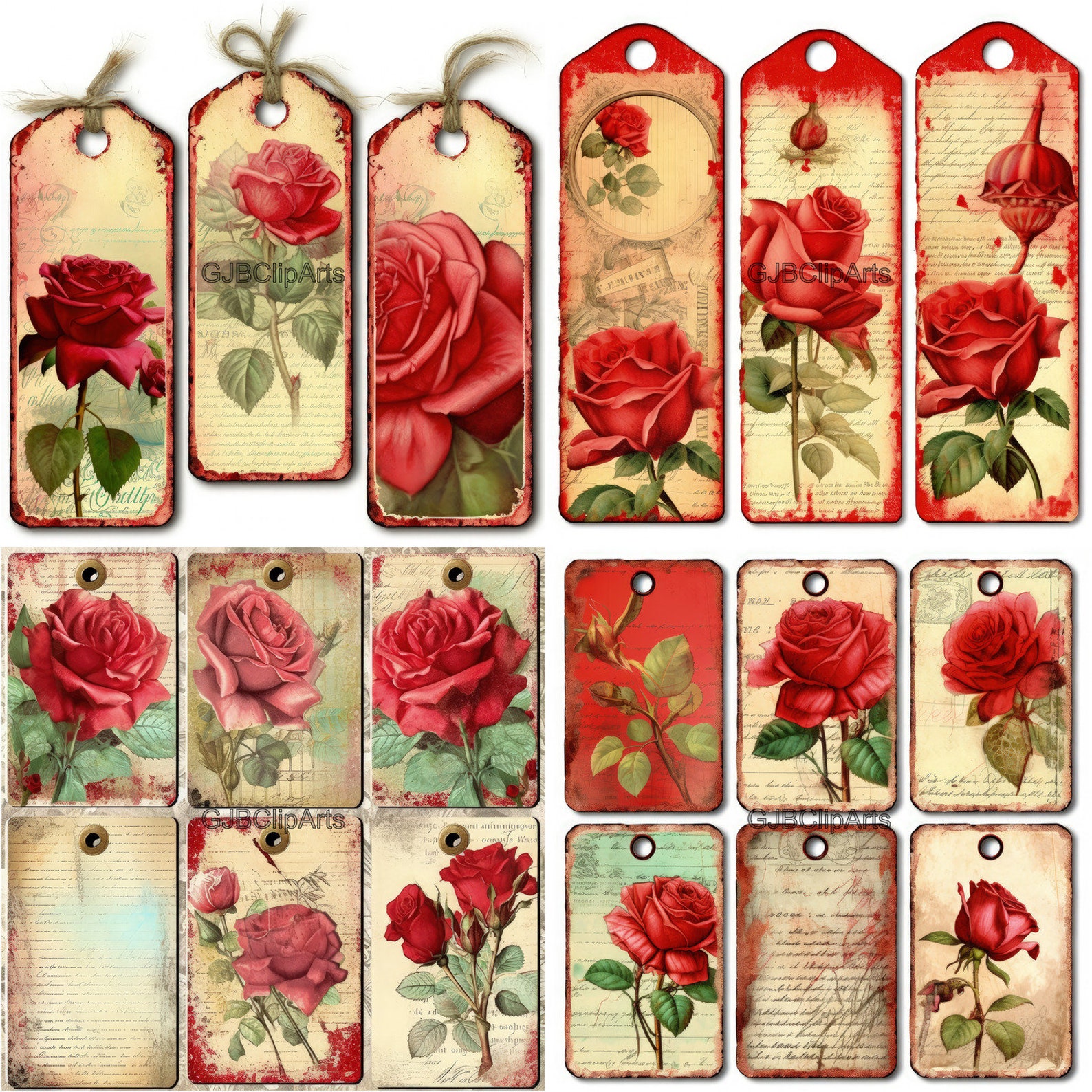 Red Rose Vintage Tag Clipart, Scrapbooking Supplies, Junk Journals ...