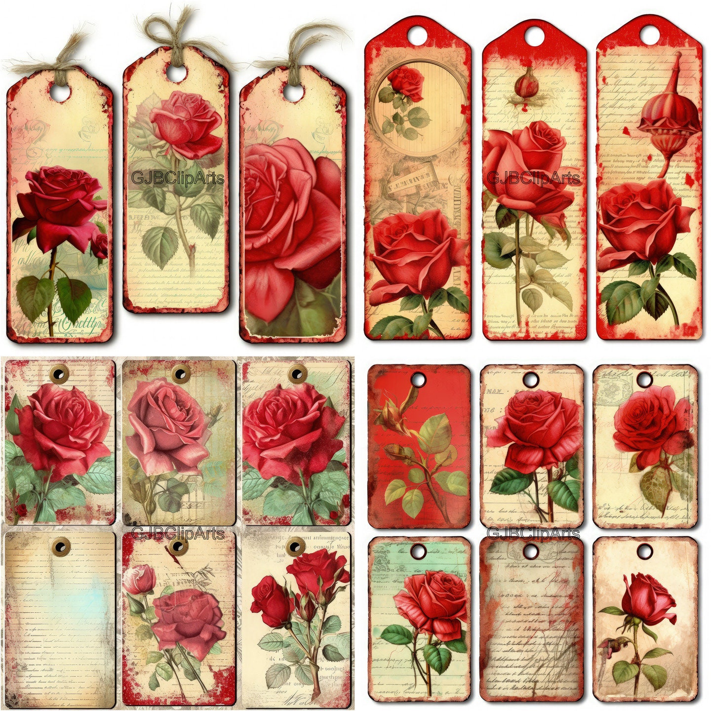 Red Rose Vintage Tag Clipart, Scrapbooking Supplies, Junk Journals ...