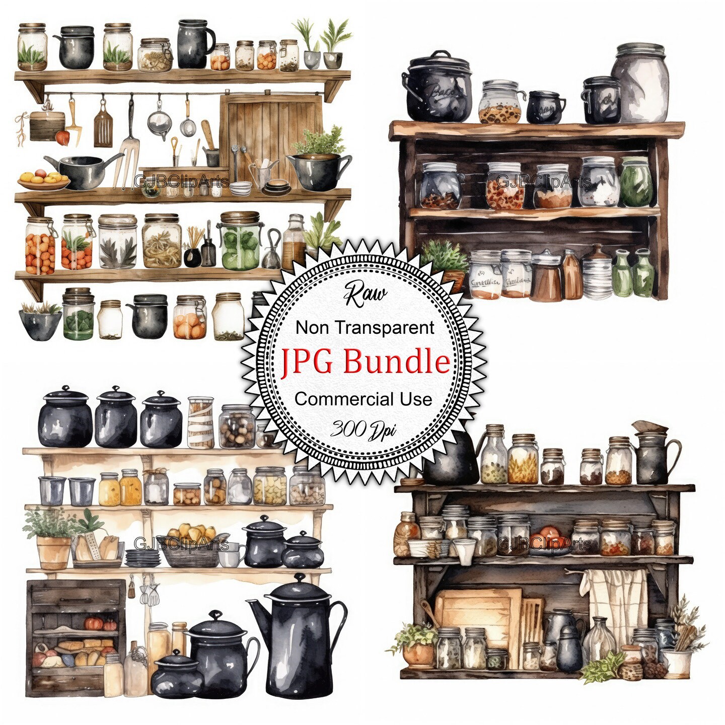 Black Watercolor Cottagecore Kitchen Clipart, Magical Countryside ...
