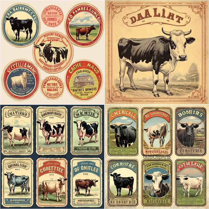 Vintage Cow Labels Clipart, Classic Digitized Art ,digital Clipart ...