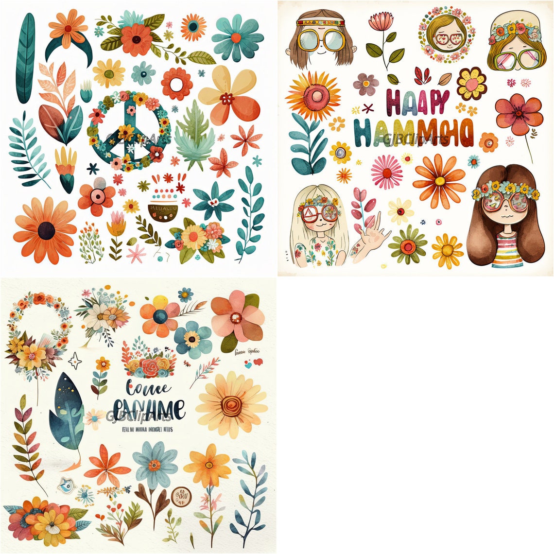 Vibrant Boho Retro Flower Power 1970s Watercolor Clip Art Collection ...