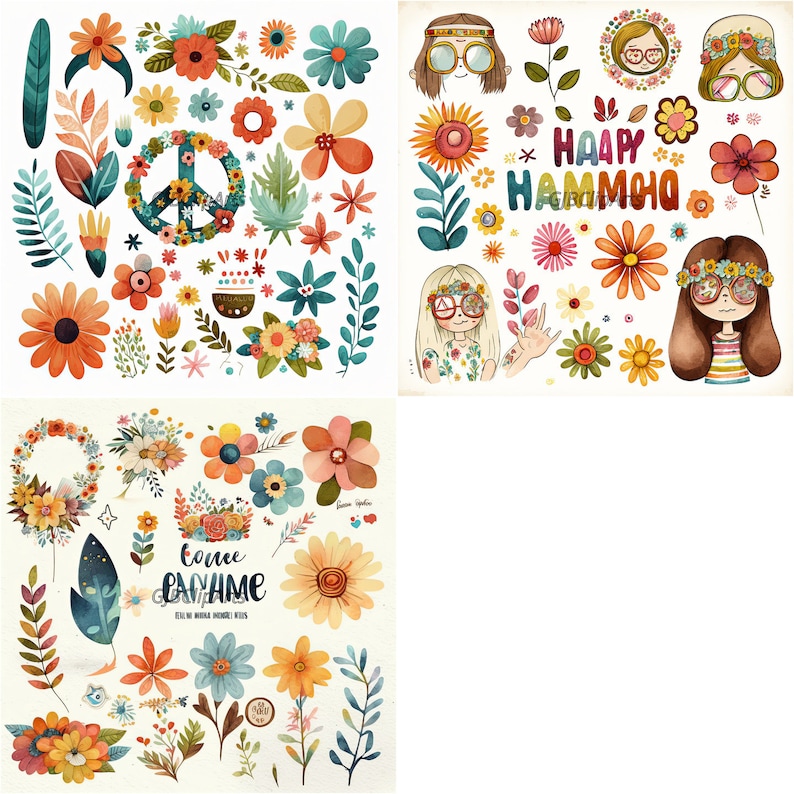 Vibrant Boho Retro Flower Power 1970s Watercolor Clip Art Collection ...