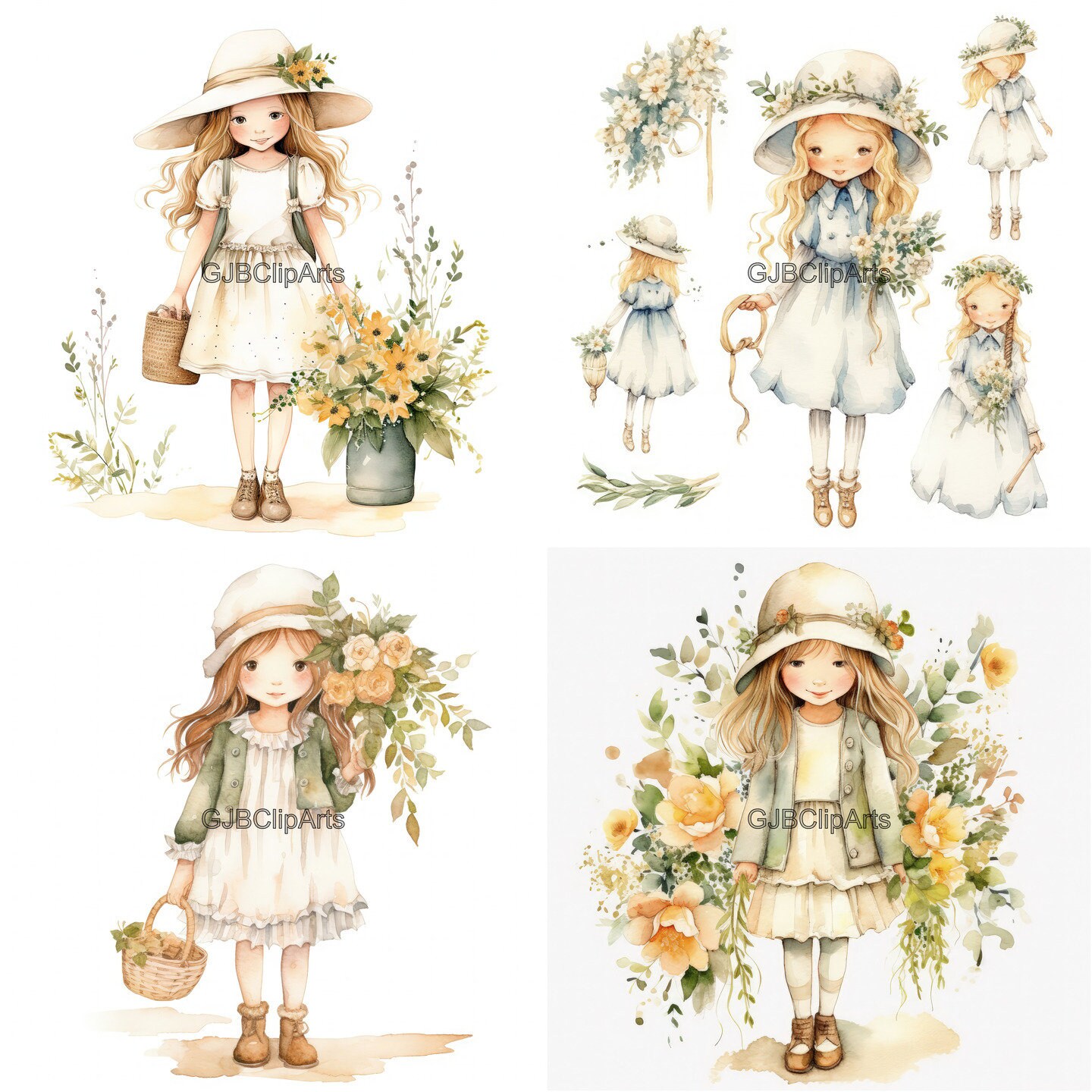 Watercolor Holly Hobbie Girl in White Dress Clipart, Scrapbooking ...