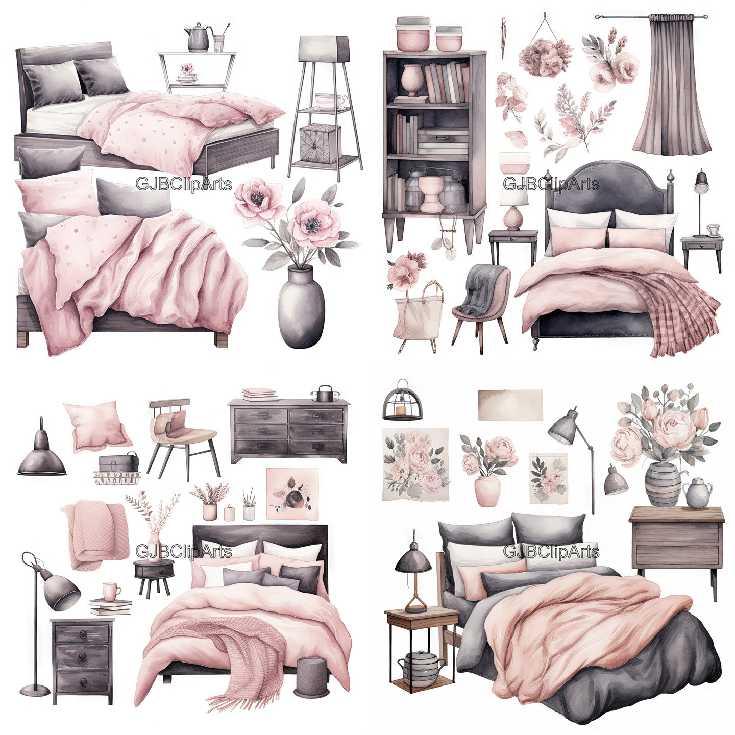 Girls Bedroom in Dusty Rose and Charcoal Grey Clipart, Bedroom Decor ...